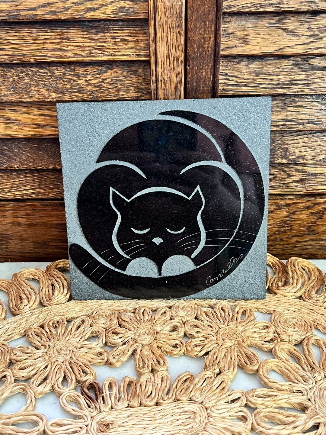 Cat Tile by Amy Dallas in Black Granite - Fat Cat Nap - Etsy