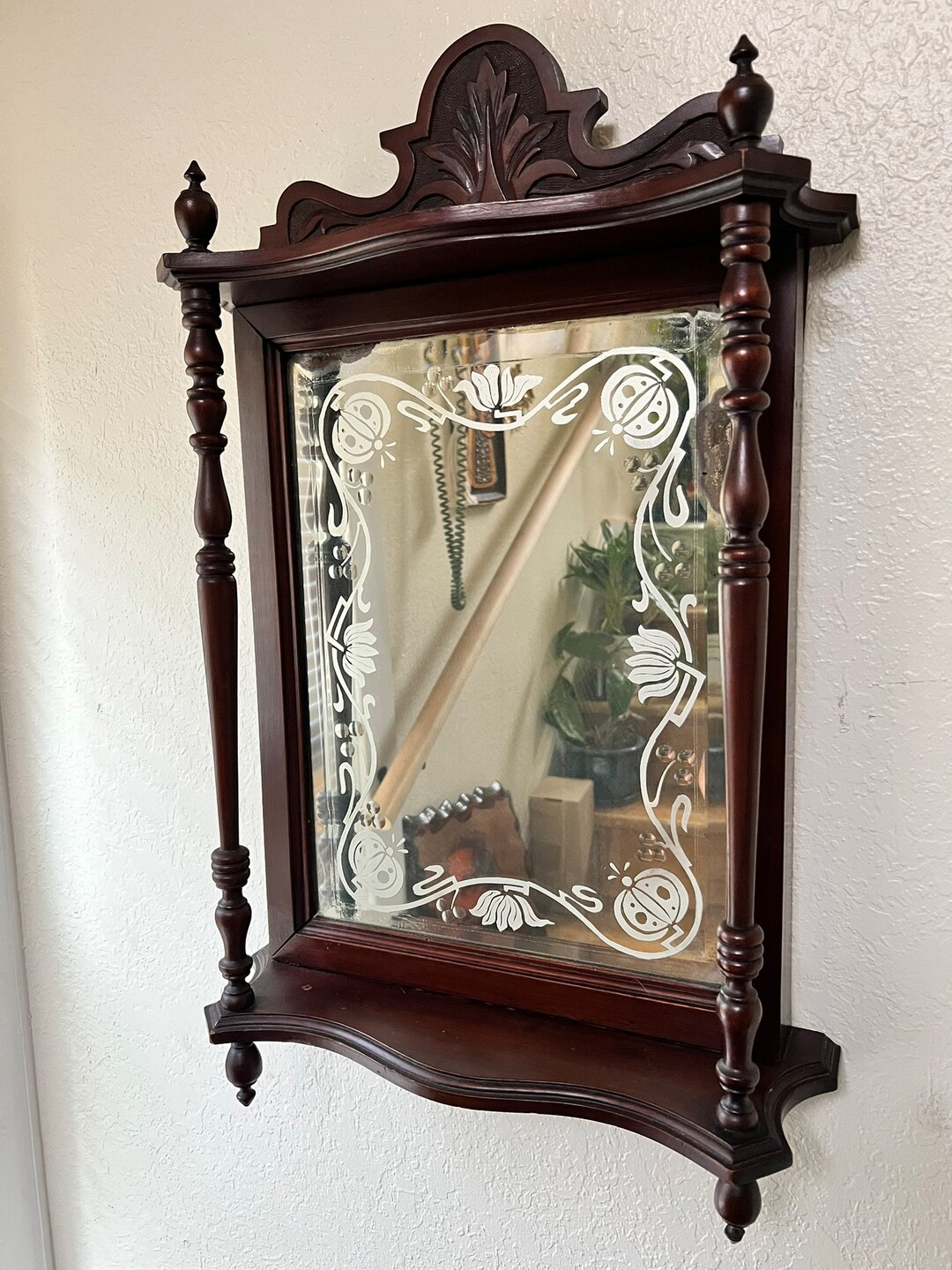 Vintage Primitive Wall Mirror With Shelf - Mahogany Stain, Beveled ...