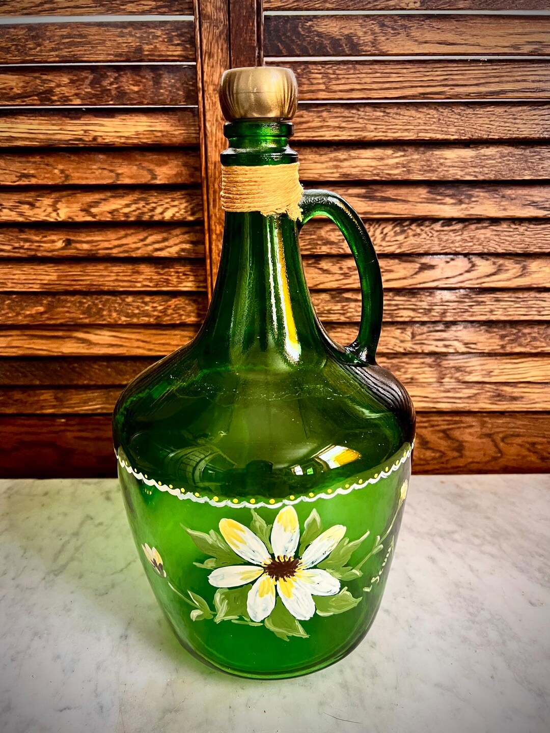 Vintage 60s Green Glass Pitcher – Hand-painted Floral Design - Etsy