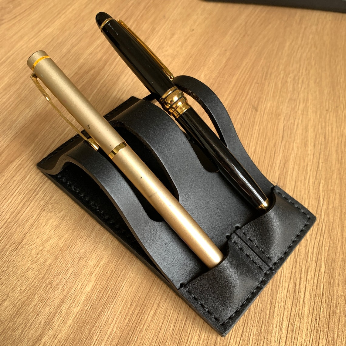 Leather Fountain Pen Stand, Black Leather Pen Holder, Leather Desk Pen ...