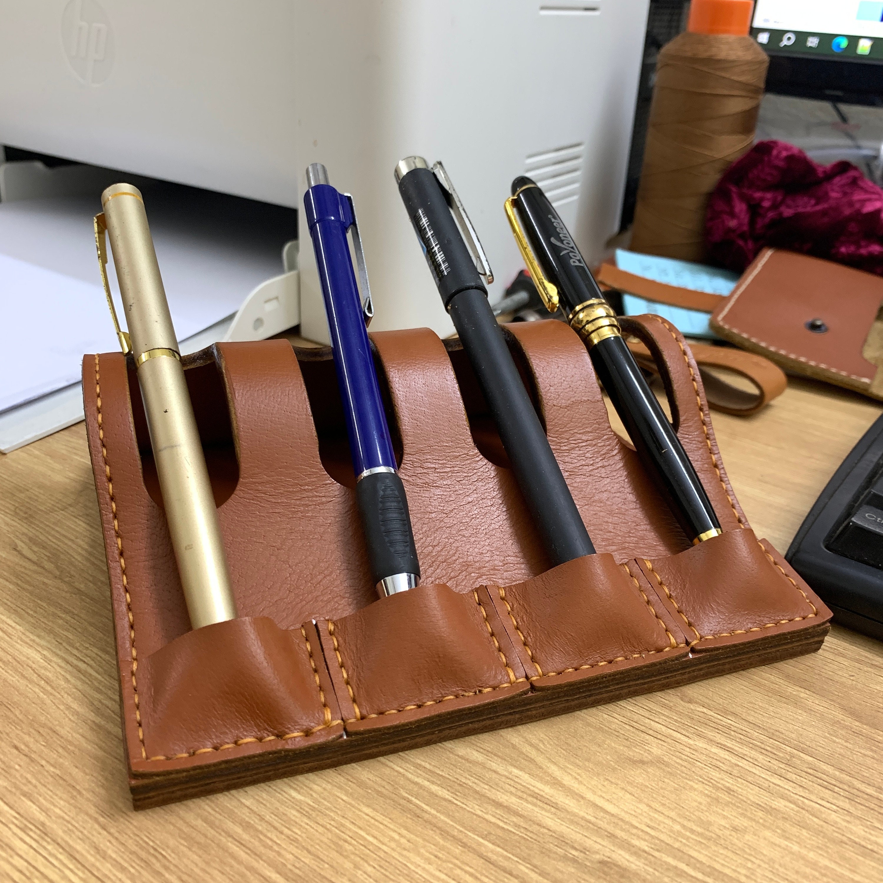 Leather Fountain Pen Stand, Leather Pen Holder, Leather Desk Pen Stand ...