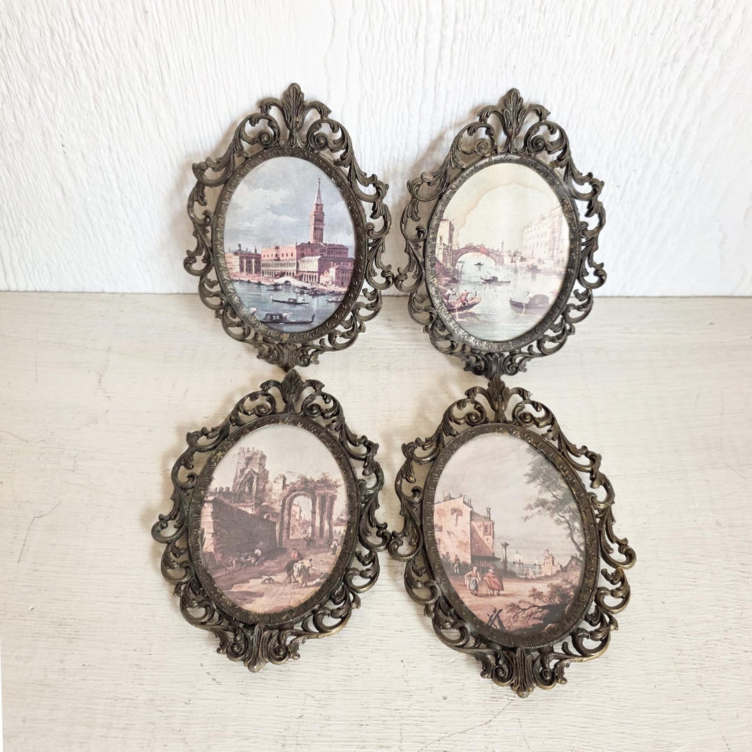 Vintage Ornate Metal Italian Frames With European Landscapes, Set of ...