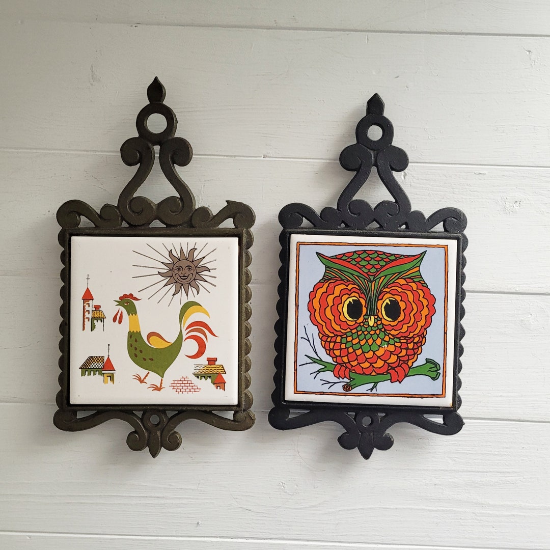 Colorful Animal Trivets, Vintage MCM Trivet, Cast Iron and Tile Trivet ...