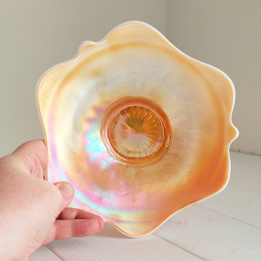 Peach Opalescent Carnival Glass Dish With Beaded Rim and Etched Flowers ...