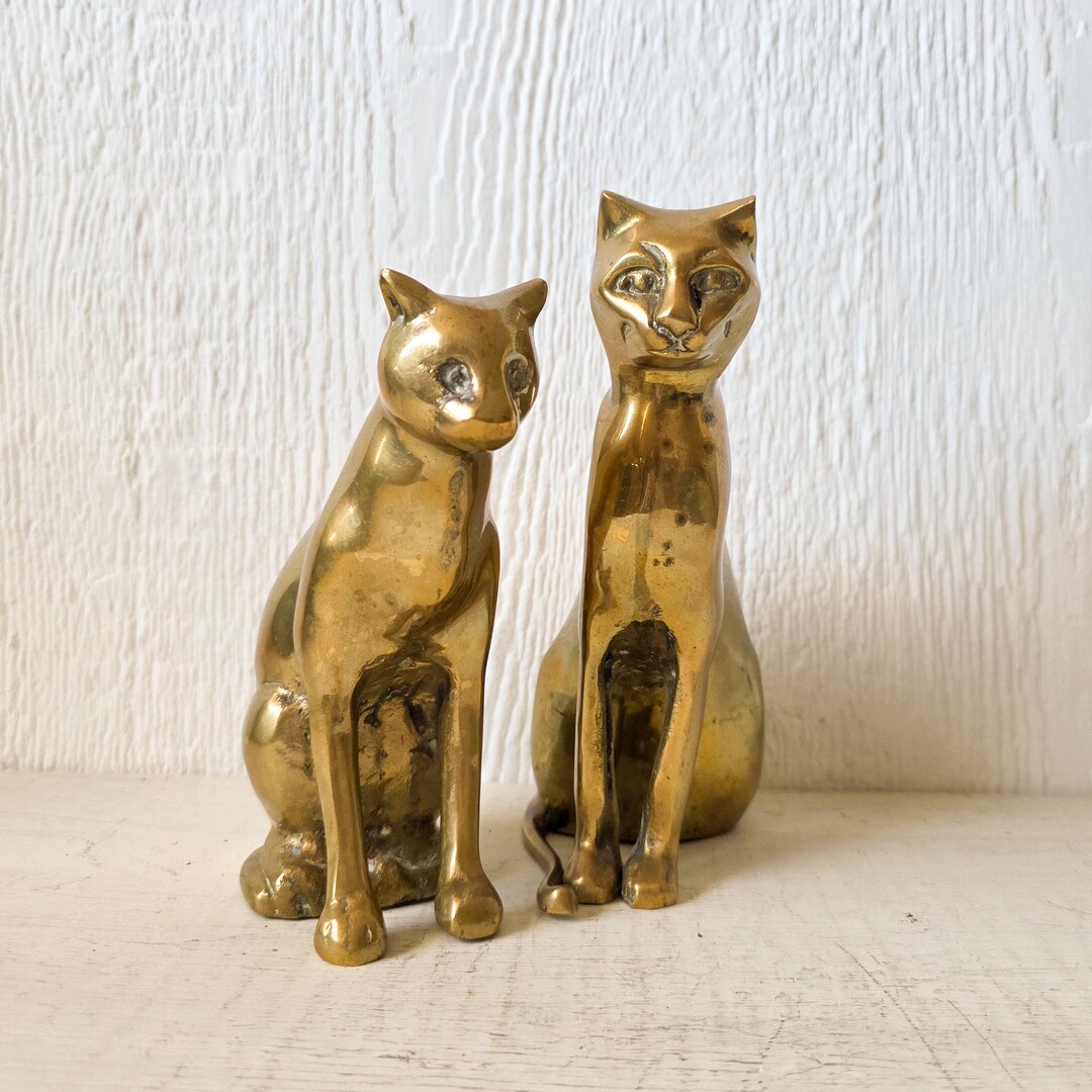 Vintage Brass Cat Figurines: Chunky Brass Cats, 7" Tall - Etsy