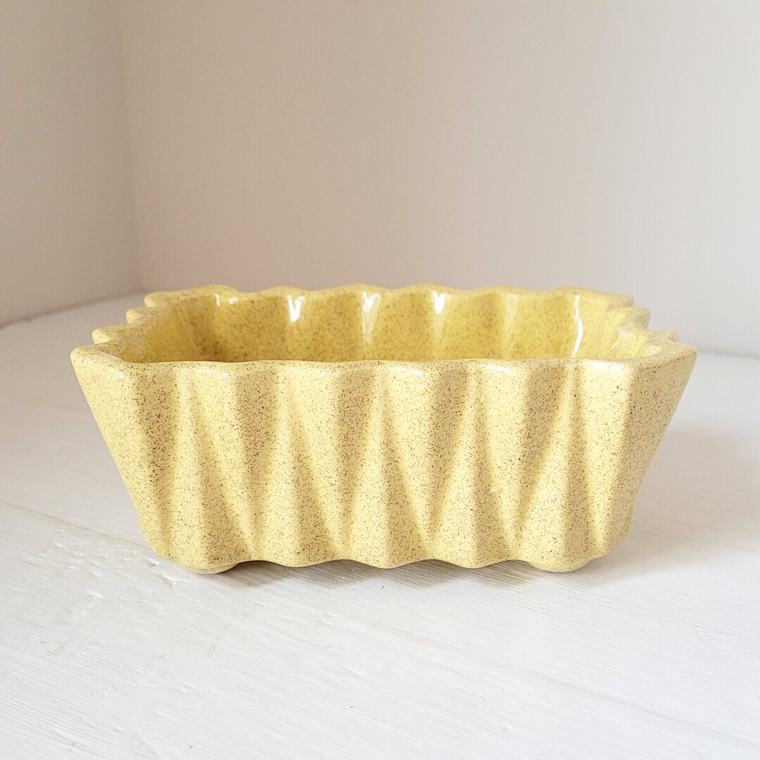 Small Yellow Planter by Upco Pottery, Brown Speckled Yellow Ribbed ...