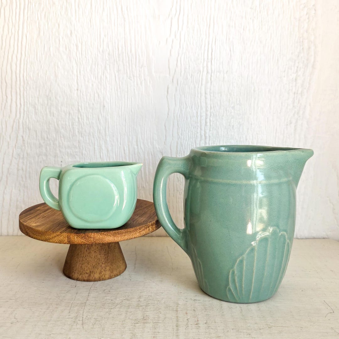 Vintage Light Green Ceramic Pitchers, Embossed Pottery Jug, Cottage ...