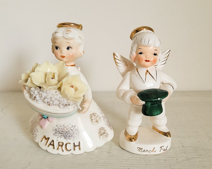 Lefton March Girl Angel, Napco March Pal Boy Angel, Kitschy Mid Century ...
