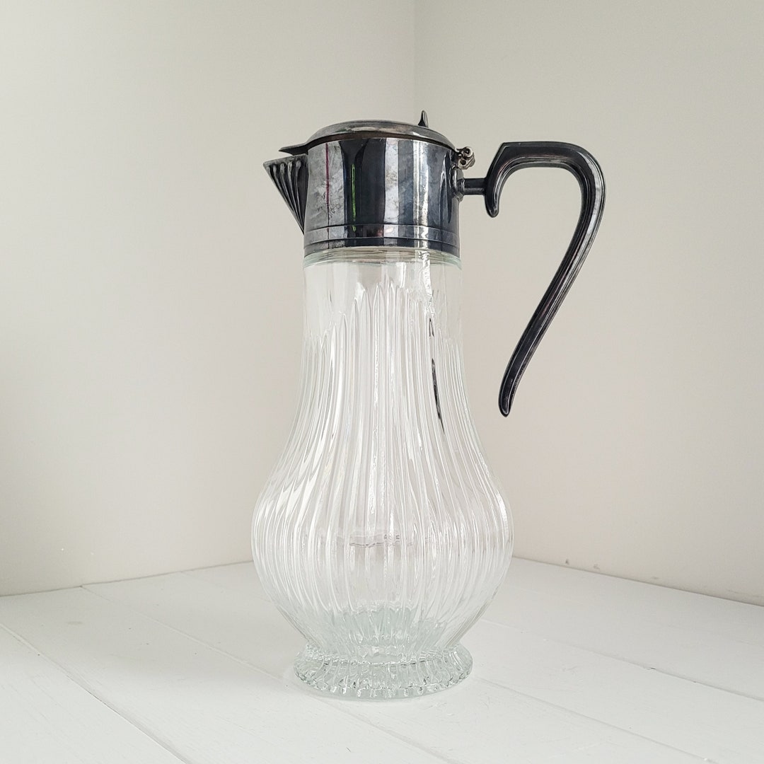 Silver Plated Handled Crystal Pitcher With Ice Cube Insert, Vintage ...