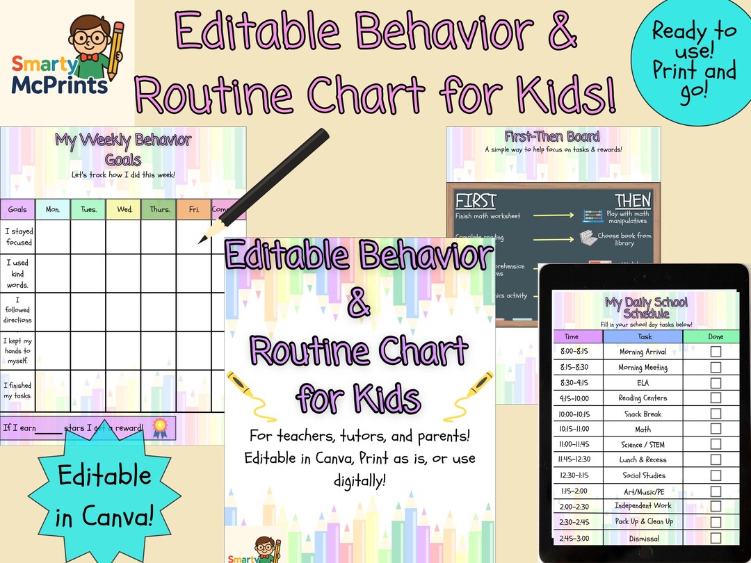 Editable Behavior & Routine Chart Bundle Kids | Daily Weekly Trackers ...