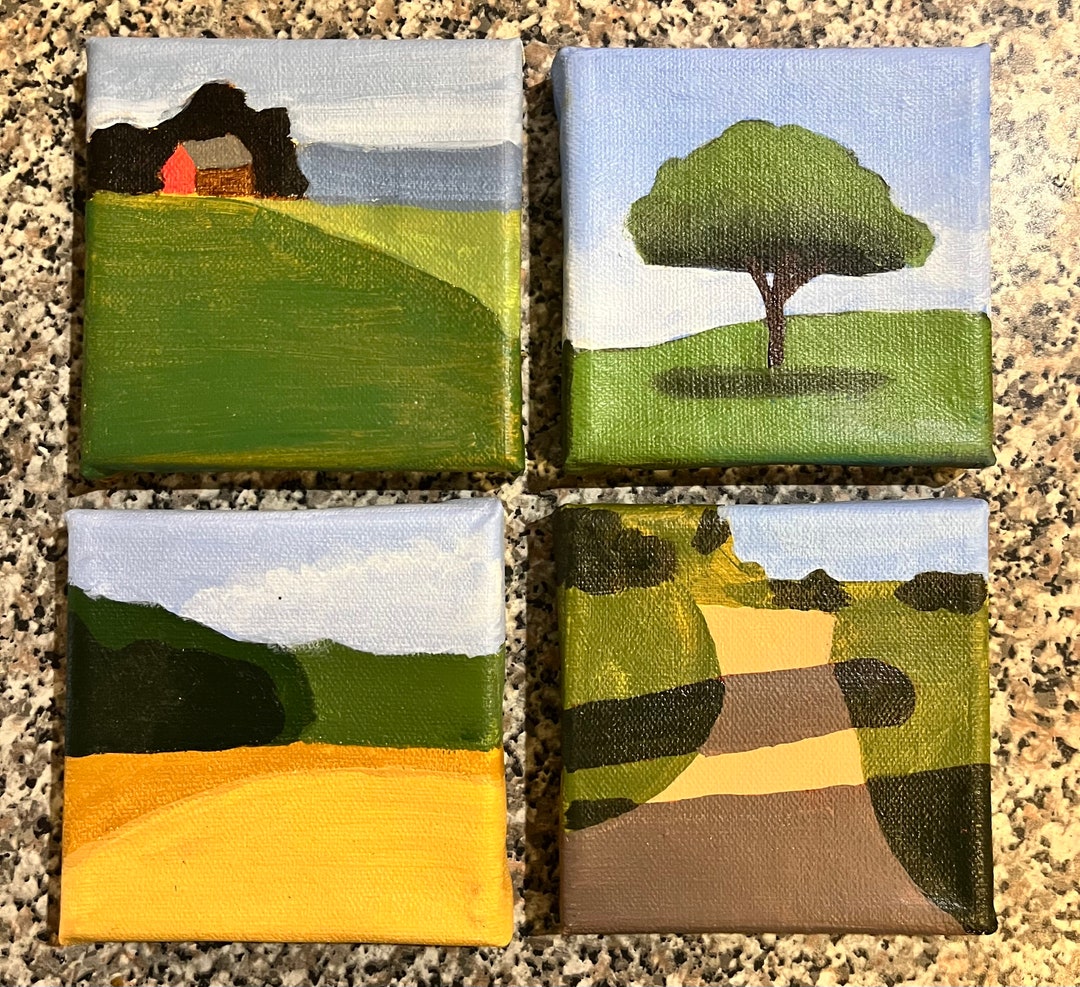 Landscape Paintings | Set of 4 4x4 Mini Acrylic Paintings on Stretched ...