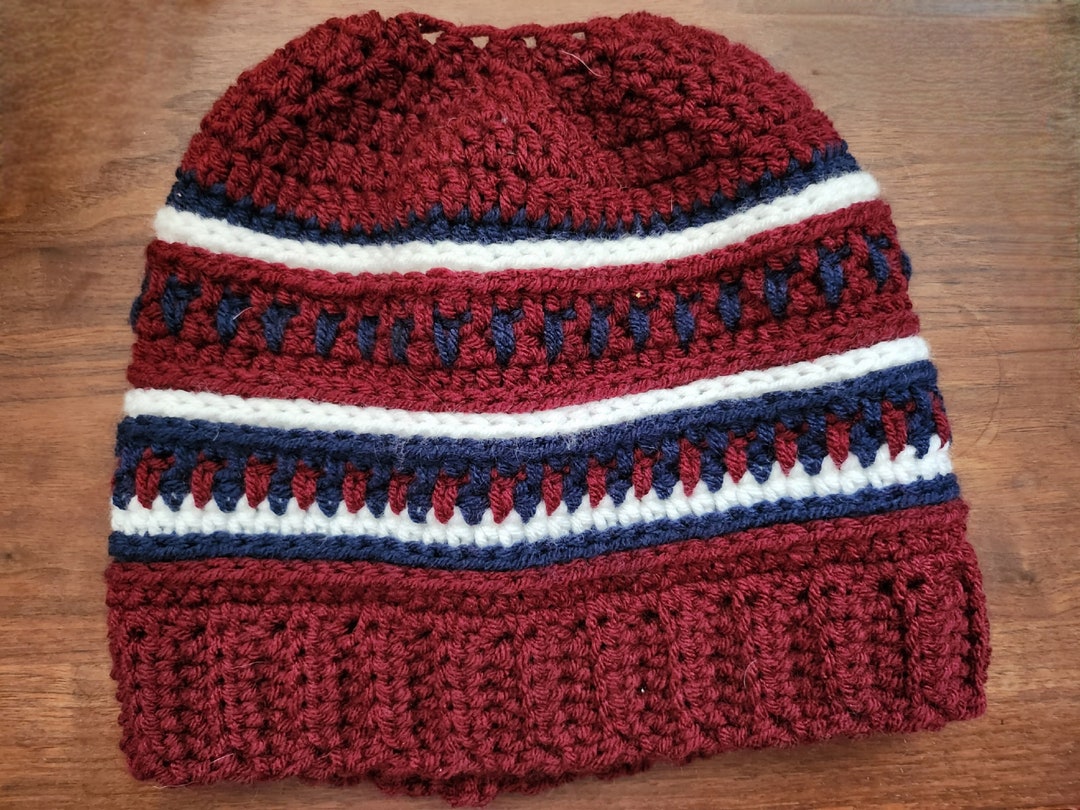 Red White & Blue Messy Bun Winter Hat - Etsy