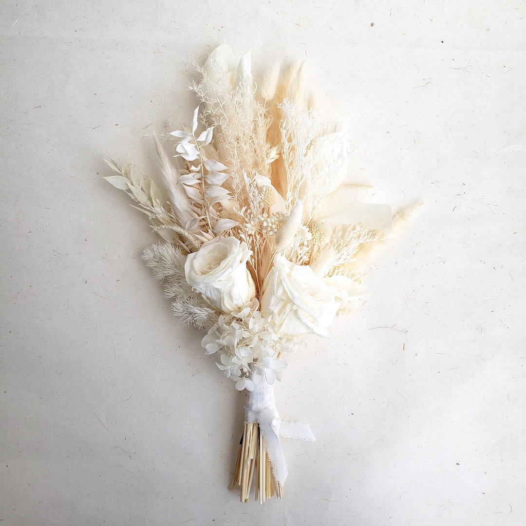 Ivory Dried Flower Bouquet: Pampas, Ruscus, Bunny Tails Wedding ...