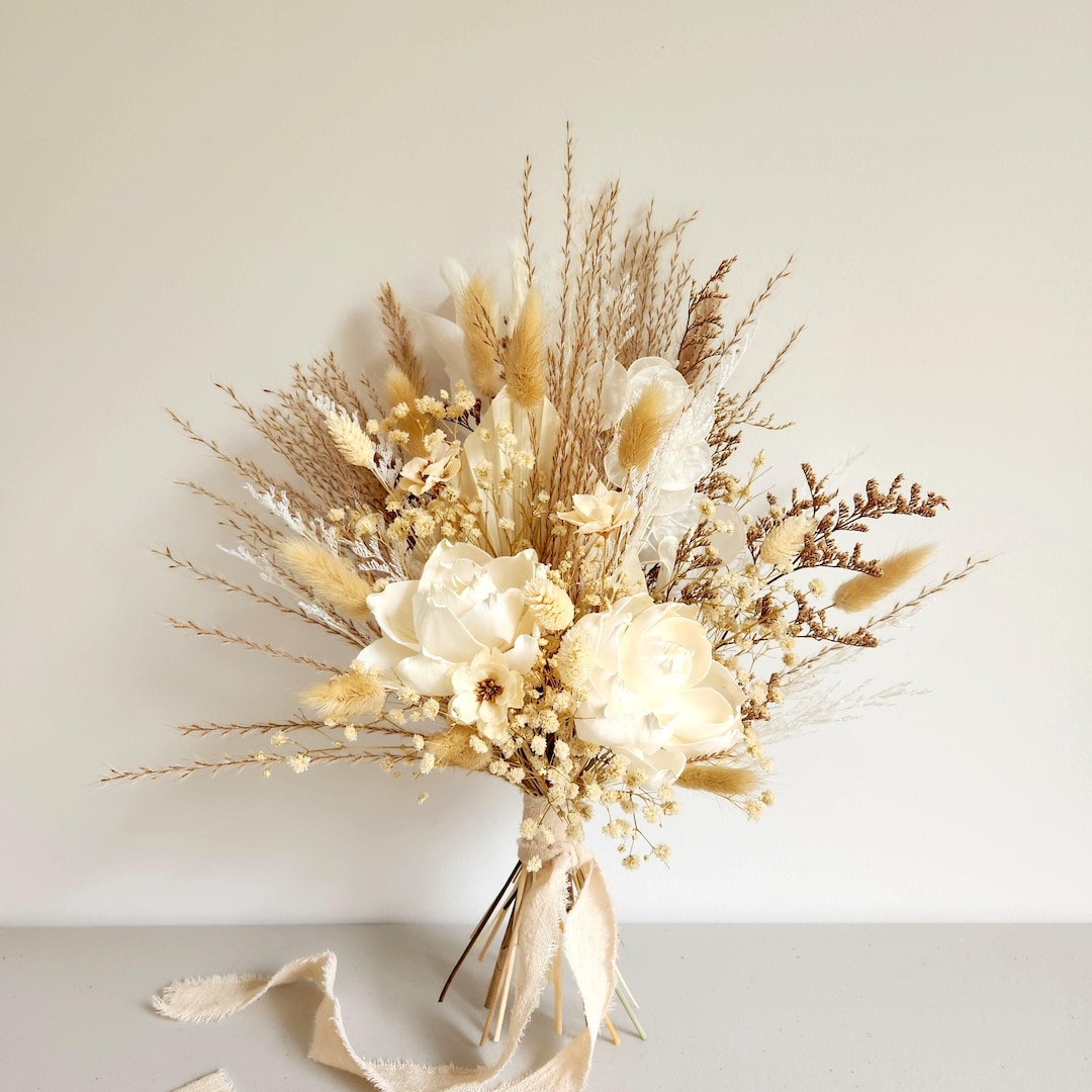 Boho Neutral Tone Dried Flower Bouquet, Ivory, Beige, Wedding Floral ...