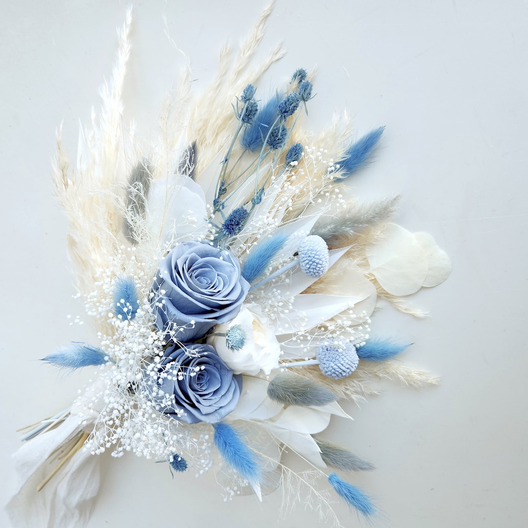 Dusty Blue Rose Dried Flower Bouquet; Ivory Dainty Wedding Flower Decor ...