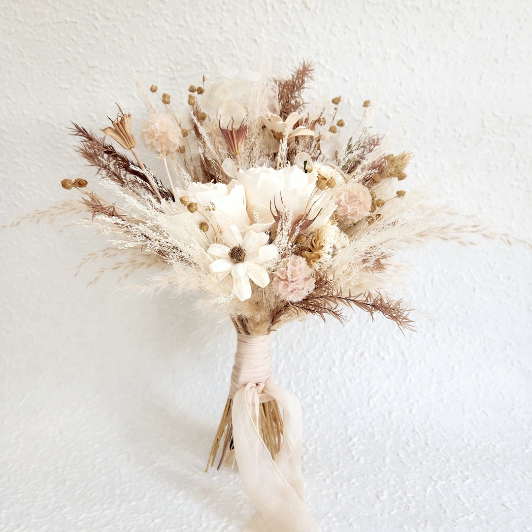 Boho Neutral Tone Dried Flower Bouquet, Ivory, Beige, Wedding Floral ...
