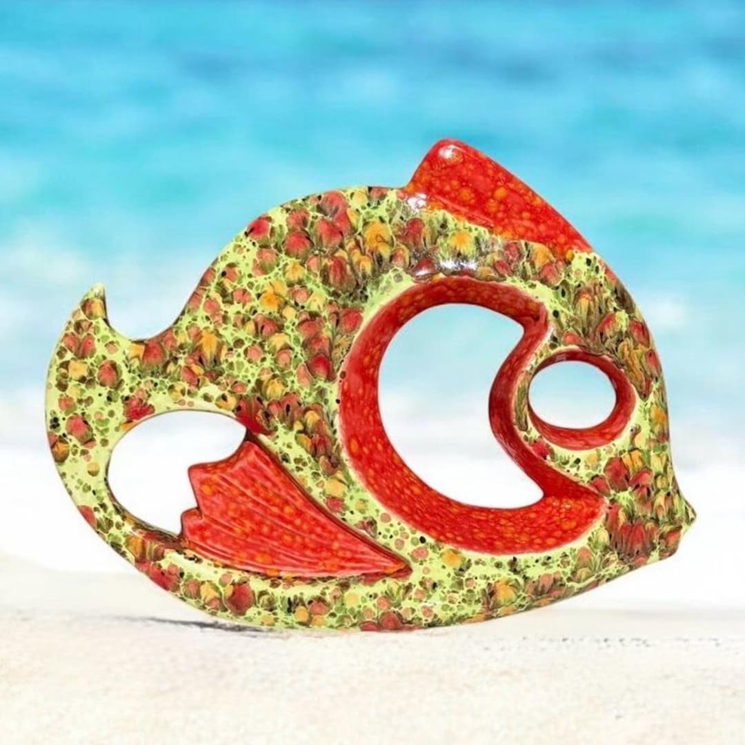 Large Ceramic Fish Green / Orange ~ 10.5" Tall & 14" Wide ~ Green Fish ...