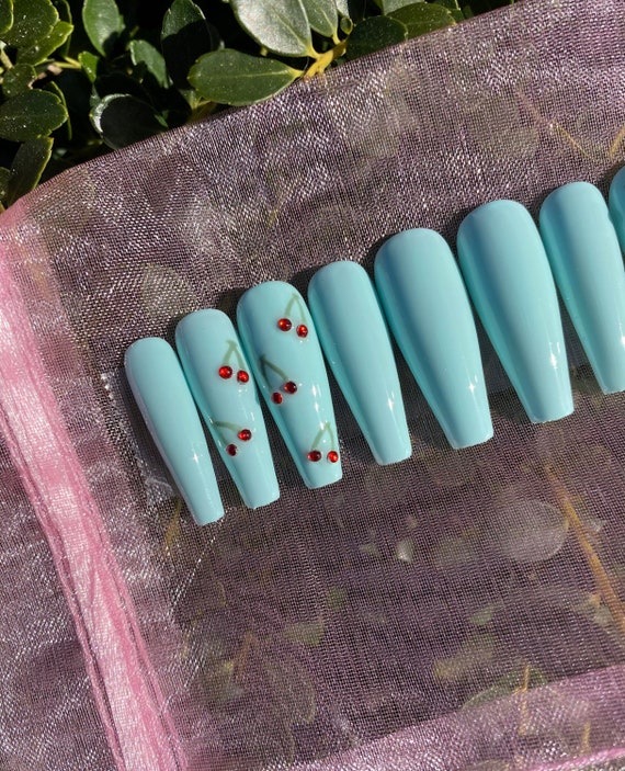 Cherry Rhinestone Nails / Baby Blue Nails / Press on Nails - Etsy