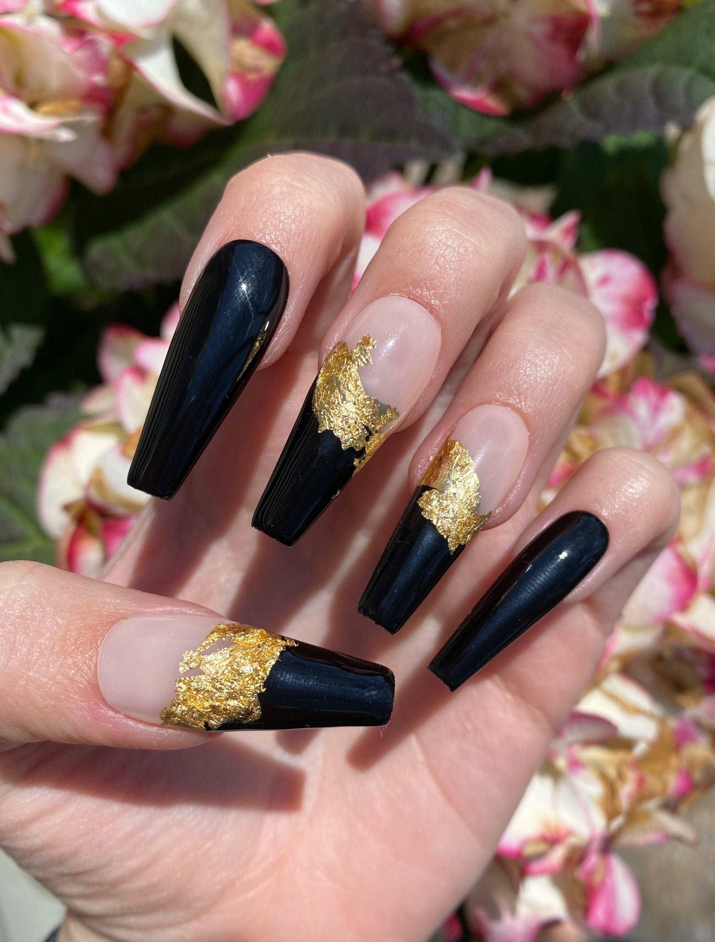 Black Foil Nails Gold Foil Nails Glossy Nails Etsy