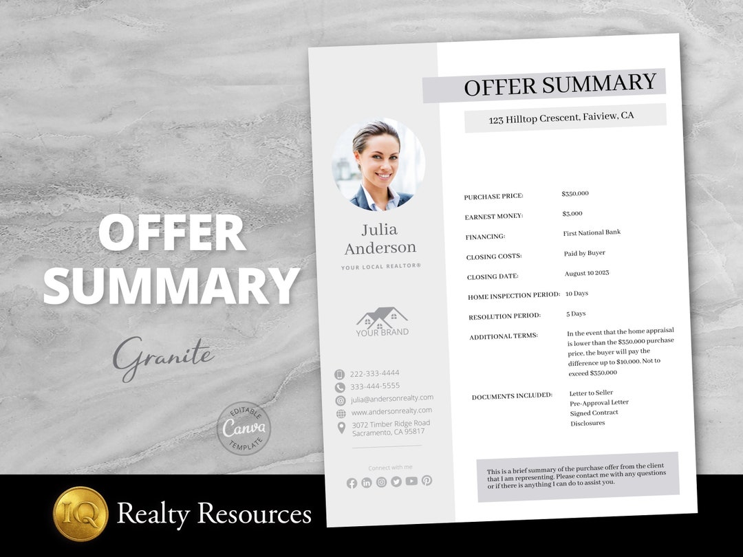 Offer Summary Template, Offer Sheet, Cover Letter, Real Estate Cover ...