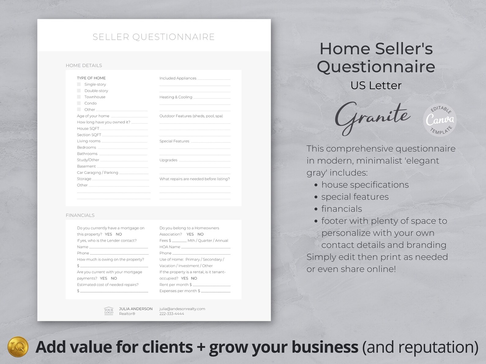 Real Estate Seller Questionnaire Flyer Template, 2 Page Seller Survey ...