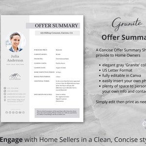 Offer Summary Template, Offer Sheet, Cover Letter, Real Estate Cover ...
