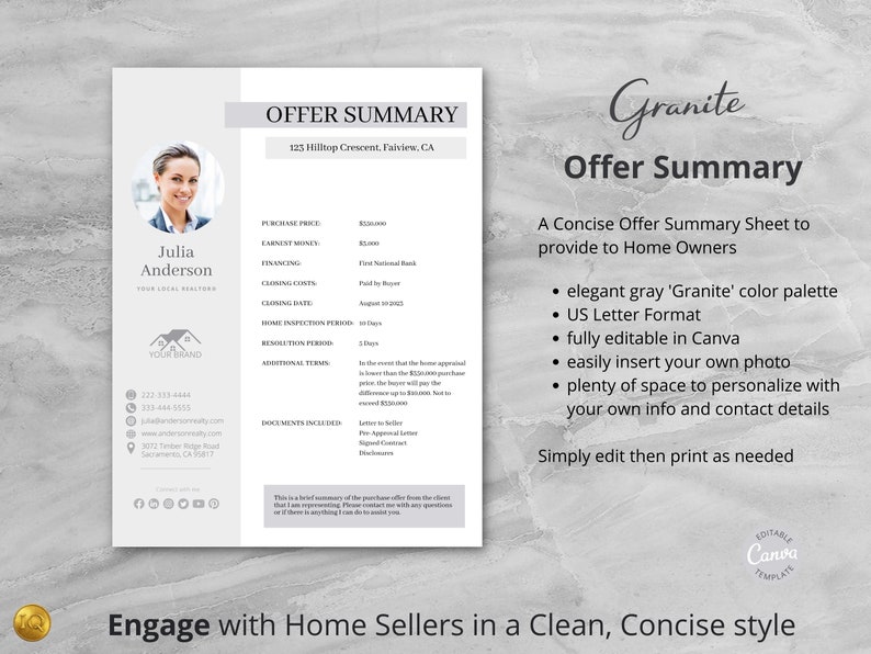 Offer Summary Template, Offer Sheet, Cover Letter, Real Estate Cover ...