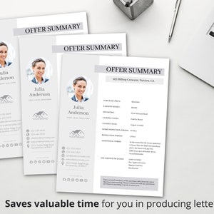 Offer Summary Template, Offer Sheet, Cover Letter, Real Estate Cover ...