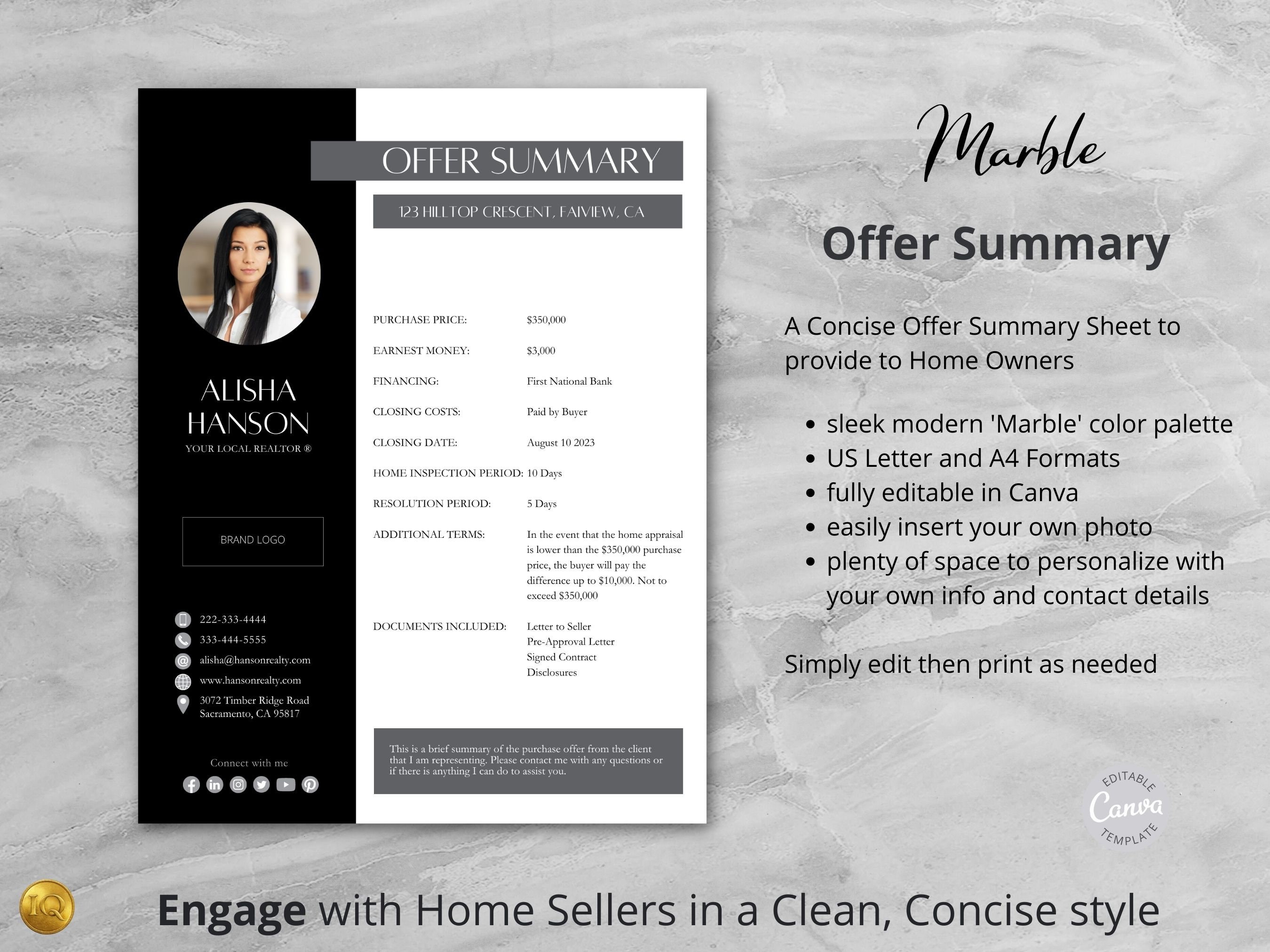Offer Summary Template, Offer Sheet, Cover Letter, Real Estate Cover ...
