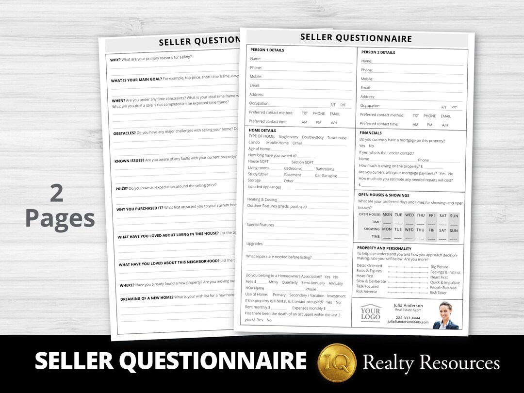 Real Estate Seller Questionnaire Flyer Template, 2 Page Seller Survey ...