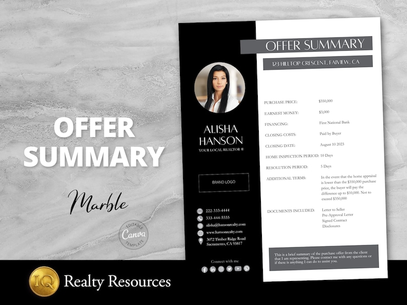 Offer Summary Template, Offer Sheet, Cover Letter, Real Estate Cover ...