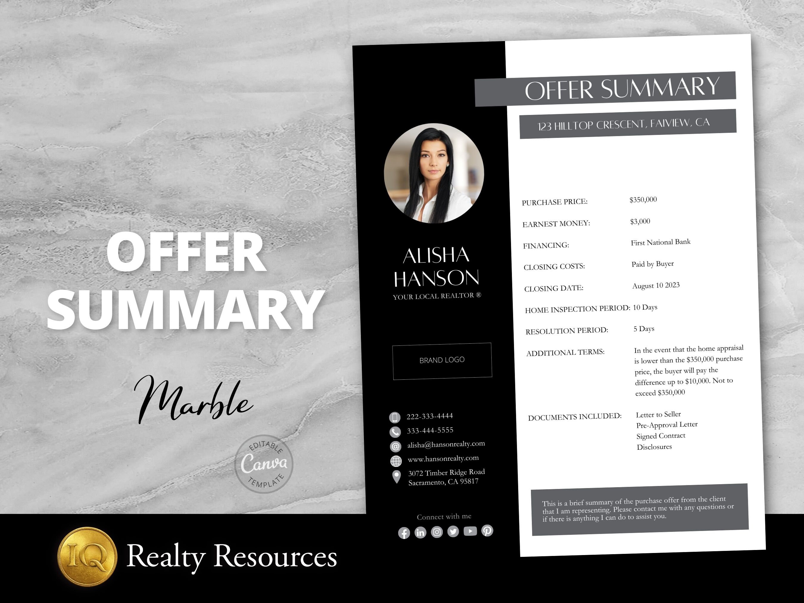 Offer Summary Template, Offer Sheet, Cover Letter, Real Estate Cover ...
