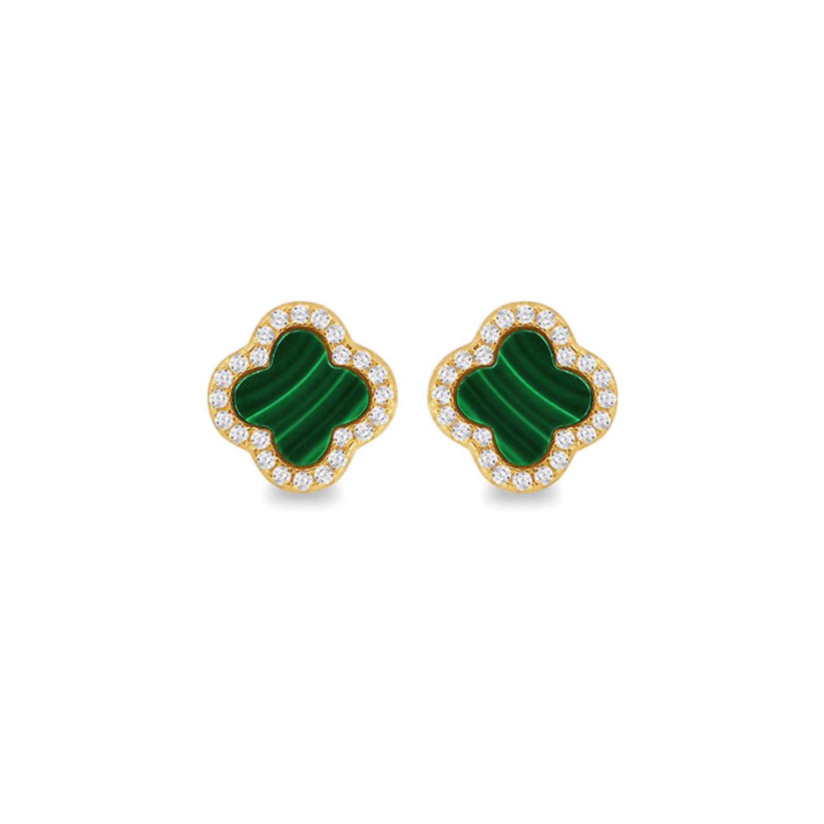 Gold Clover Stud Earrings With Malachite & CZ | Sterling Silver Lucky Earrings | Small Gold ...