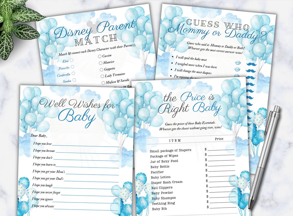 Blue Balloons Baby Shower Games Bundle • Download Baby Boy Shower ...