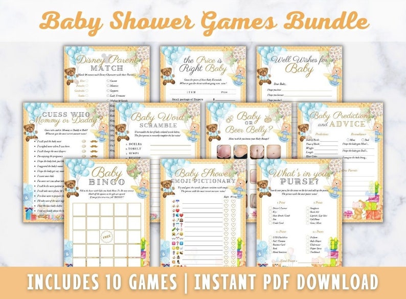 Teddy Bear Baby Shower Games Printable Pack, Blue Brown Baby Shower ...