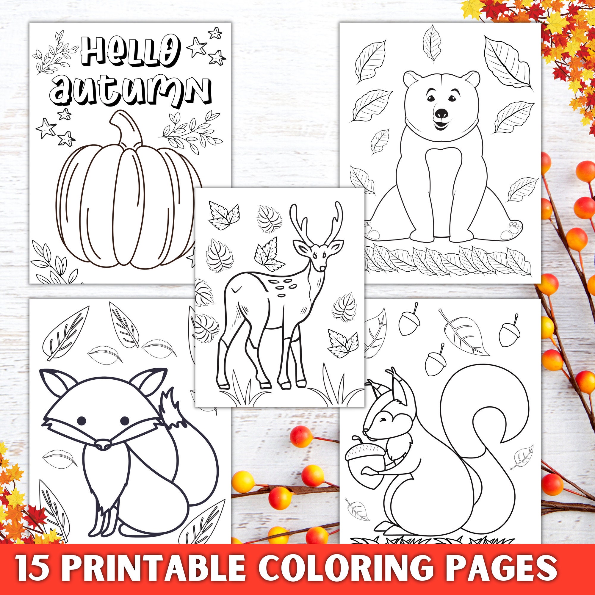 Fall Coloring Pages, Autumn Coloring Book for Kids, Thanksgiving, PDF ...