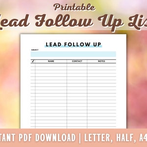 Leads Follow Ups List Printable - Leads Tracker Printable - Business ...
