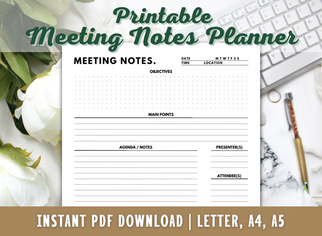 Meeting Agenda - Meeting Notes Printable - Work Planner - Meeting ...