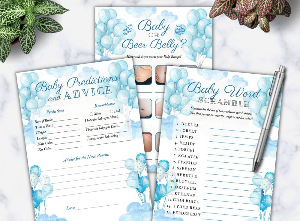 Blue Balloons Baby Shower Games Bundle • Download Baby Boy Shower ...