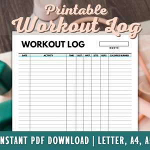 Workout Log - Monthly Workout Journal - Exercise Log - Activity Log ...