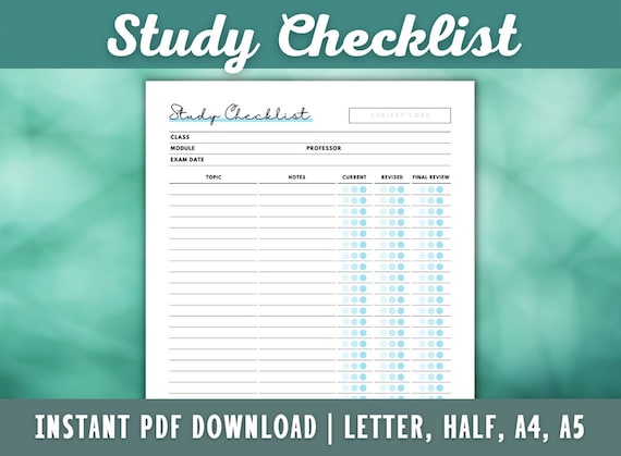Study Checklist Exam Study Prep Printable Revision Tracker | Etsy