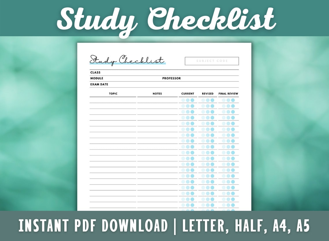 Study Checklist - Exam Study Prep Printable - Revision Tracker - PDF ...