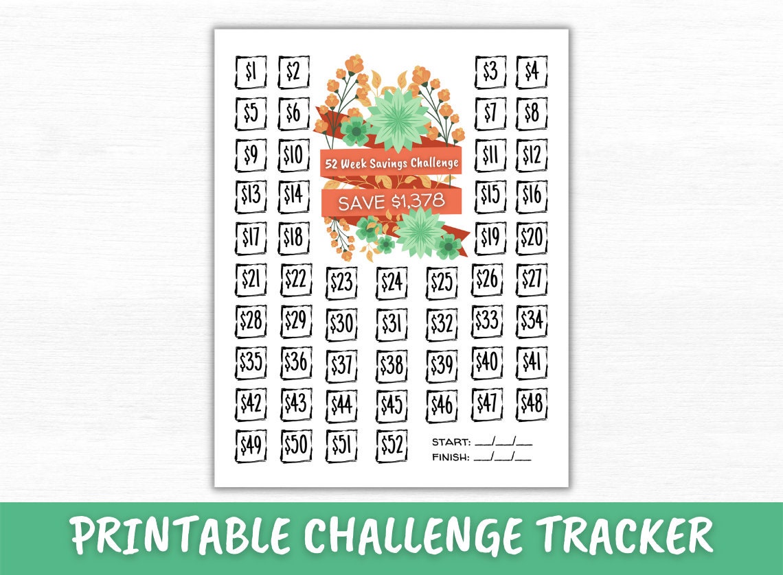 52 Week Challenge Printable - 52 Week Savings Challenge Tracker, Money ...