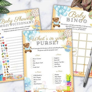 Teddy Bear Baby Shower Games Printable Pack, Blue Brown Baby Shower Games Package Boy, Teddy ...