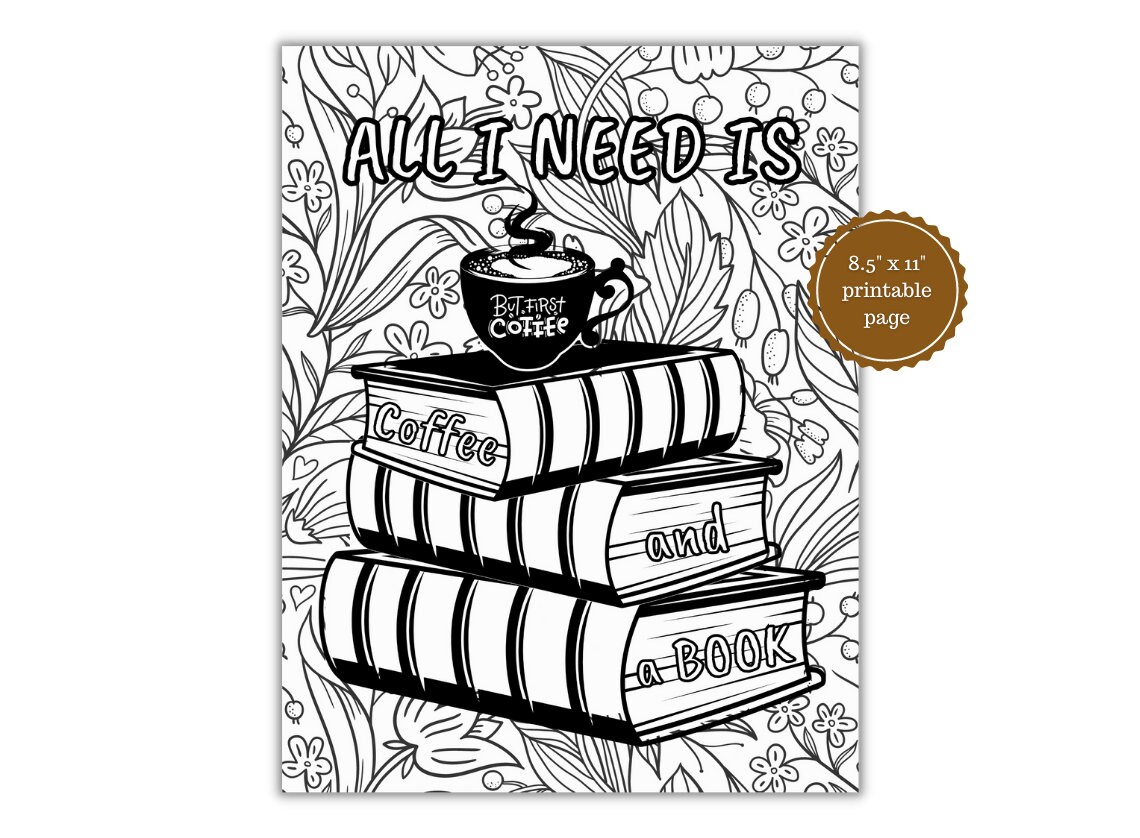 Coffee Lovers Coloring Printable Page, Library Bookworm, Adult & Teen ...