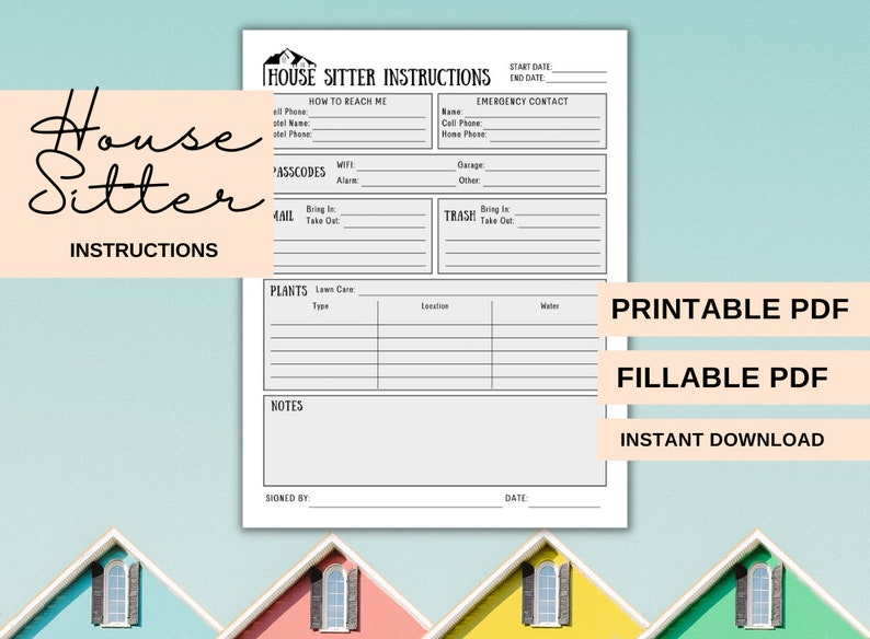 House Sitter Instructions, House Sitting Checklist, House Sitter Info ...