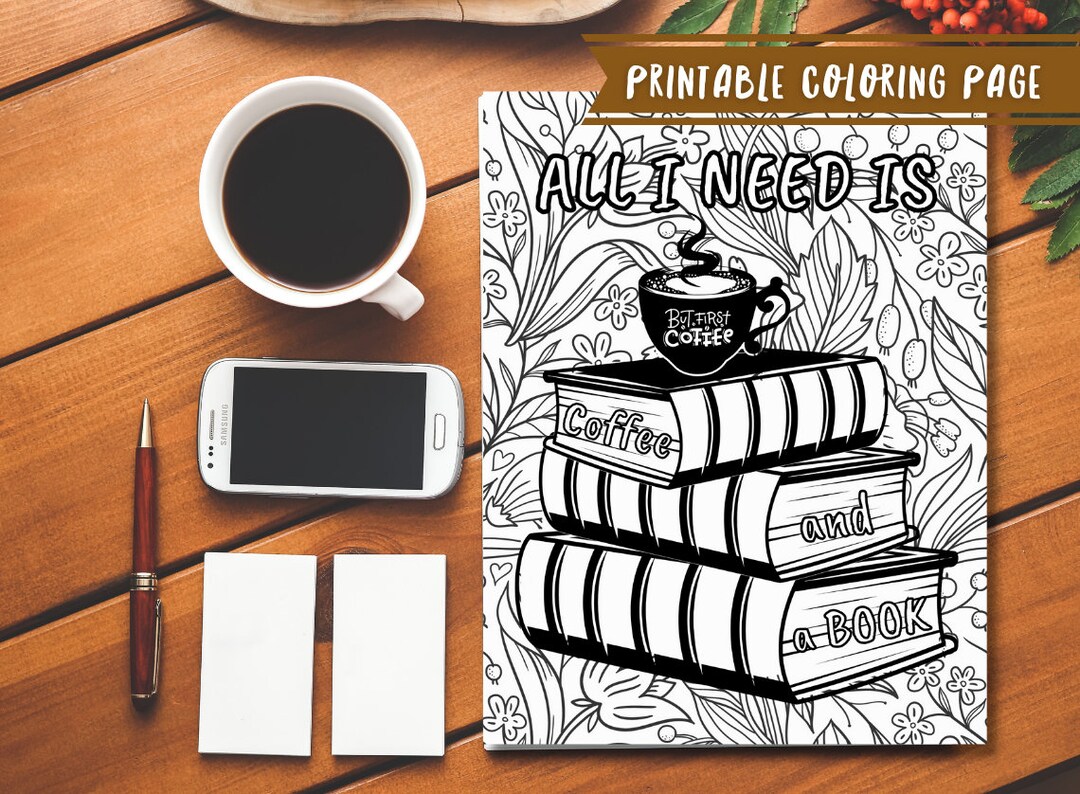 Coffee Lovers Coloring Printable Page, Library Bookworm, Adult & Teen ...