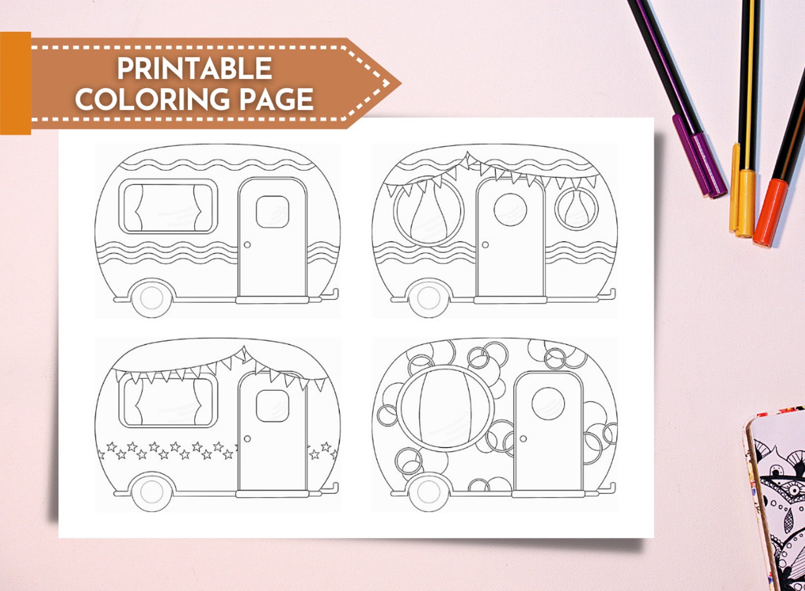 Coloring Page Camper, Caravan Coloring Page, Printable Adult Coloring ...