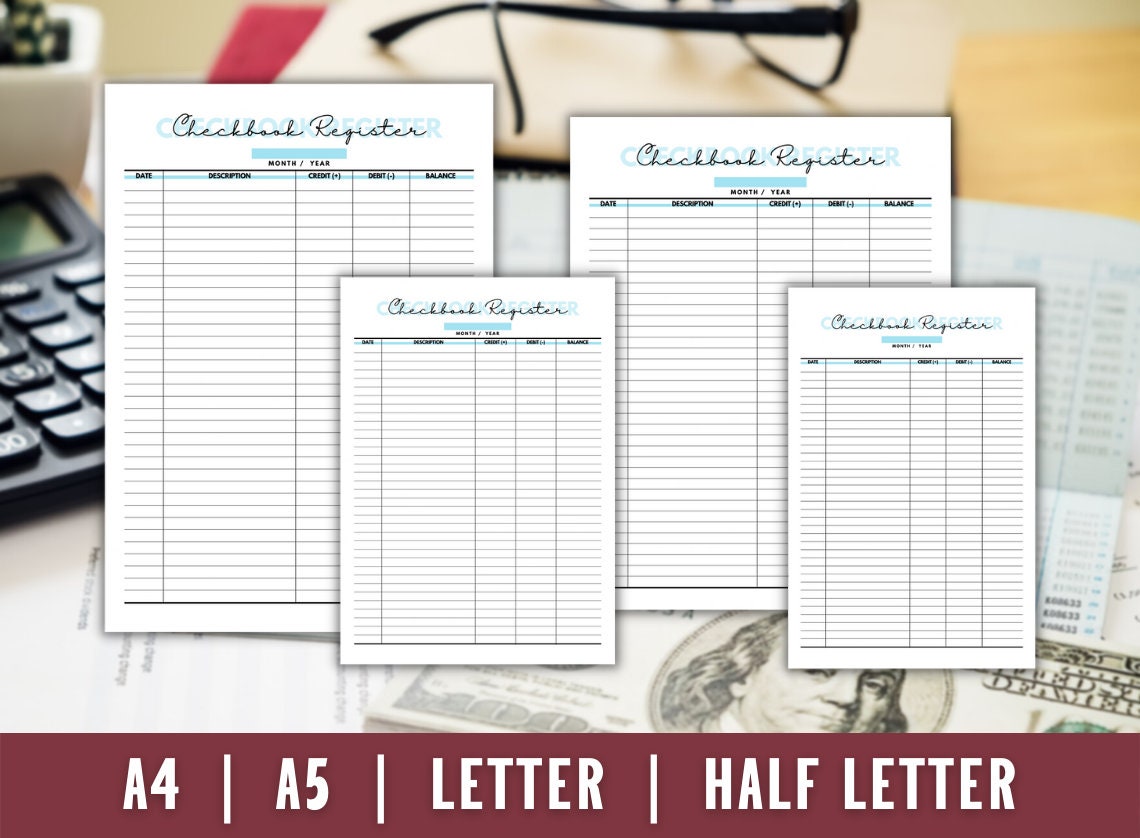 Checkbook Register Printable Log - Check Register Pages - Transaction ...
