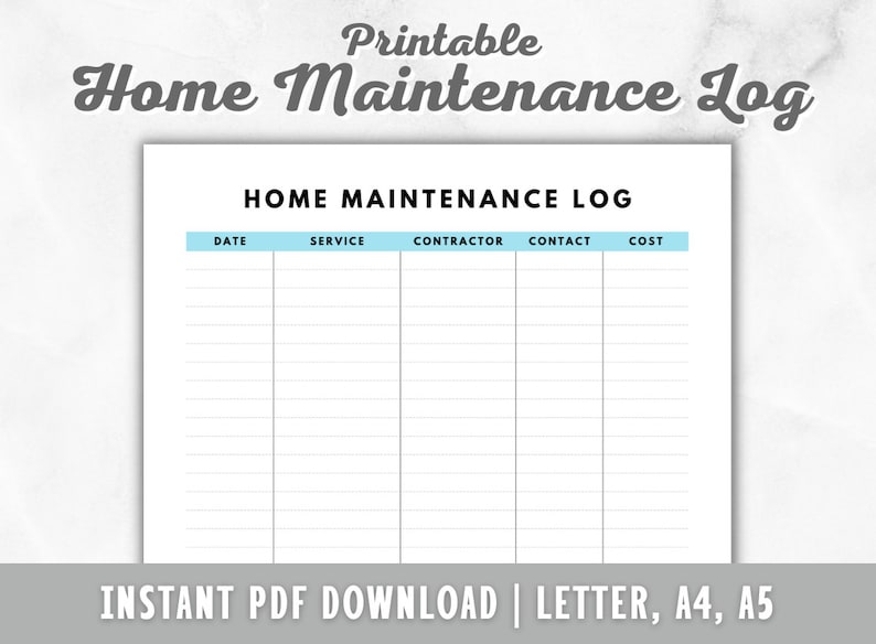 Home Maintenance Tracker Printable - House Repairs Log - Home Repairs ...